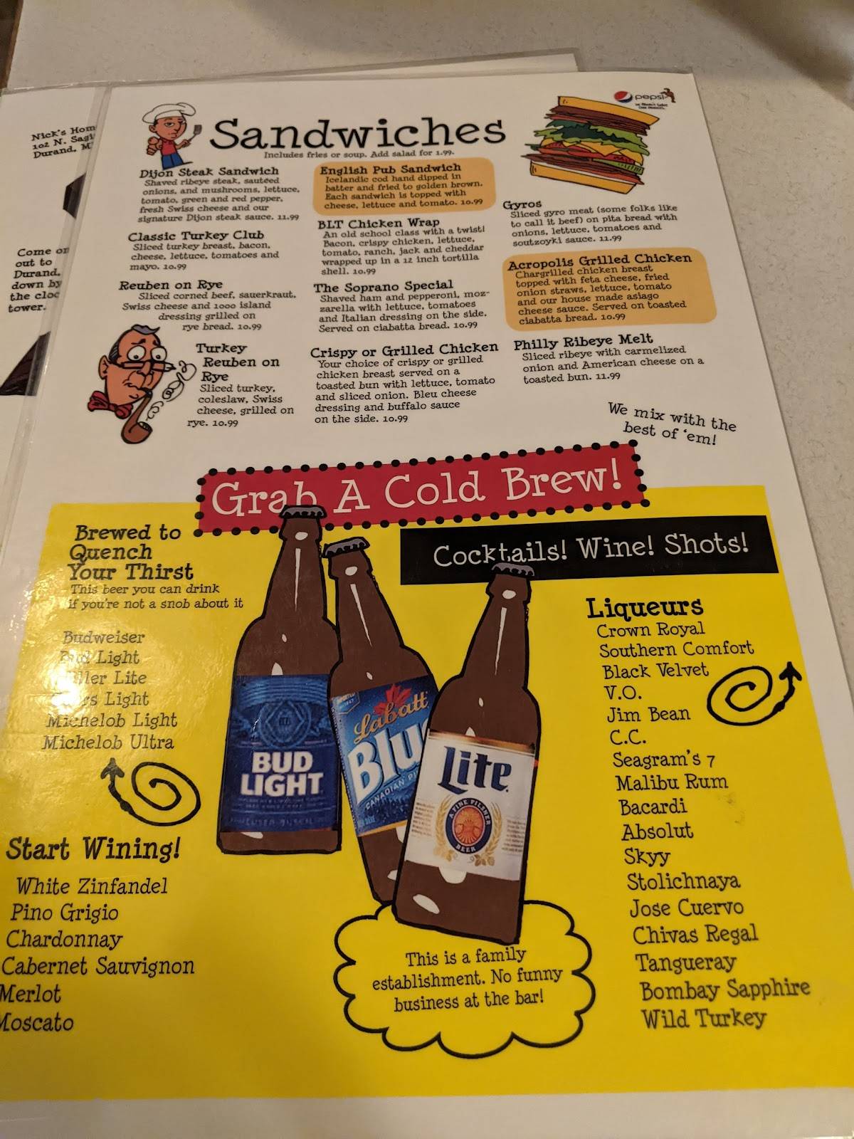 Menu at Nick's Hometown Grill pub & bar, Durand, 102 N Saginaw St