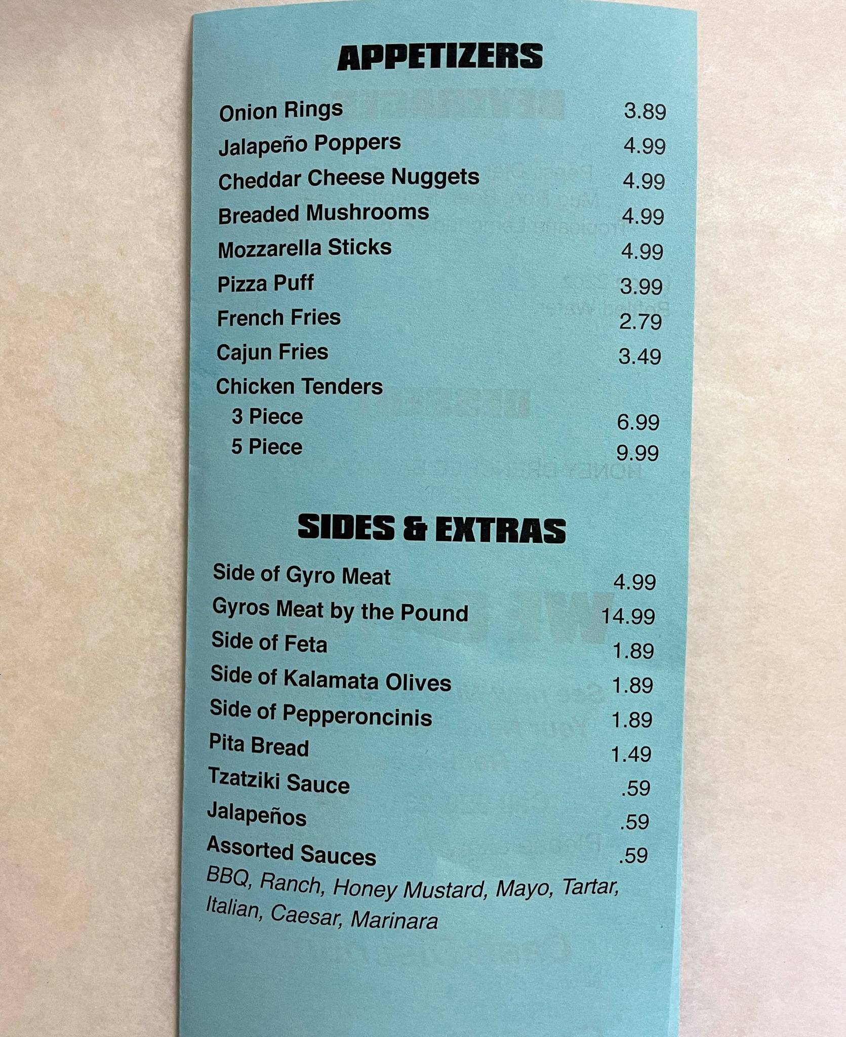 Menu at Niko's Gyros restaurant, Oshkosh