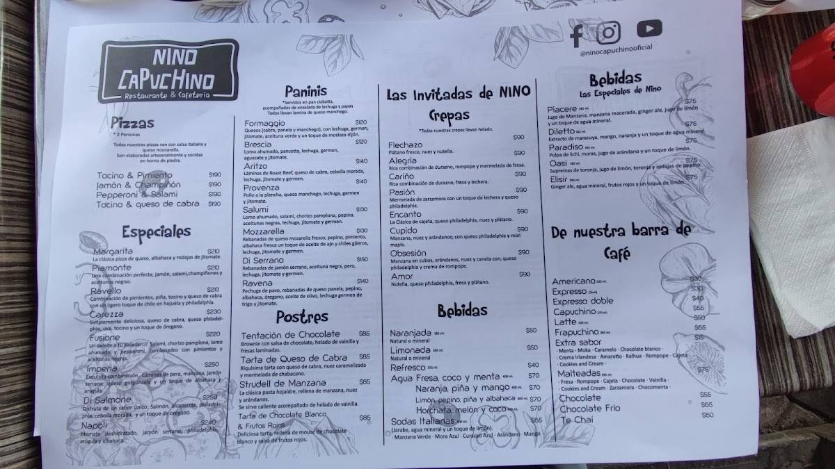 Carta de cafetería Nino Capuchino, Ciudad de México