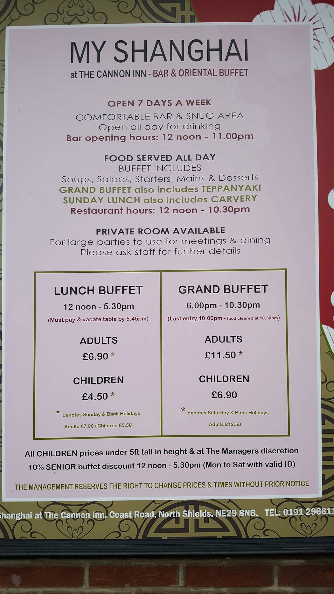 Menu at My Shanghai Bar & Oriental Buffet, North Shields, The Cannon Inn