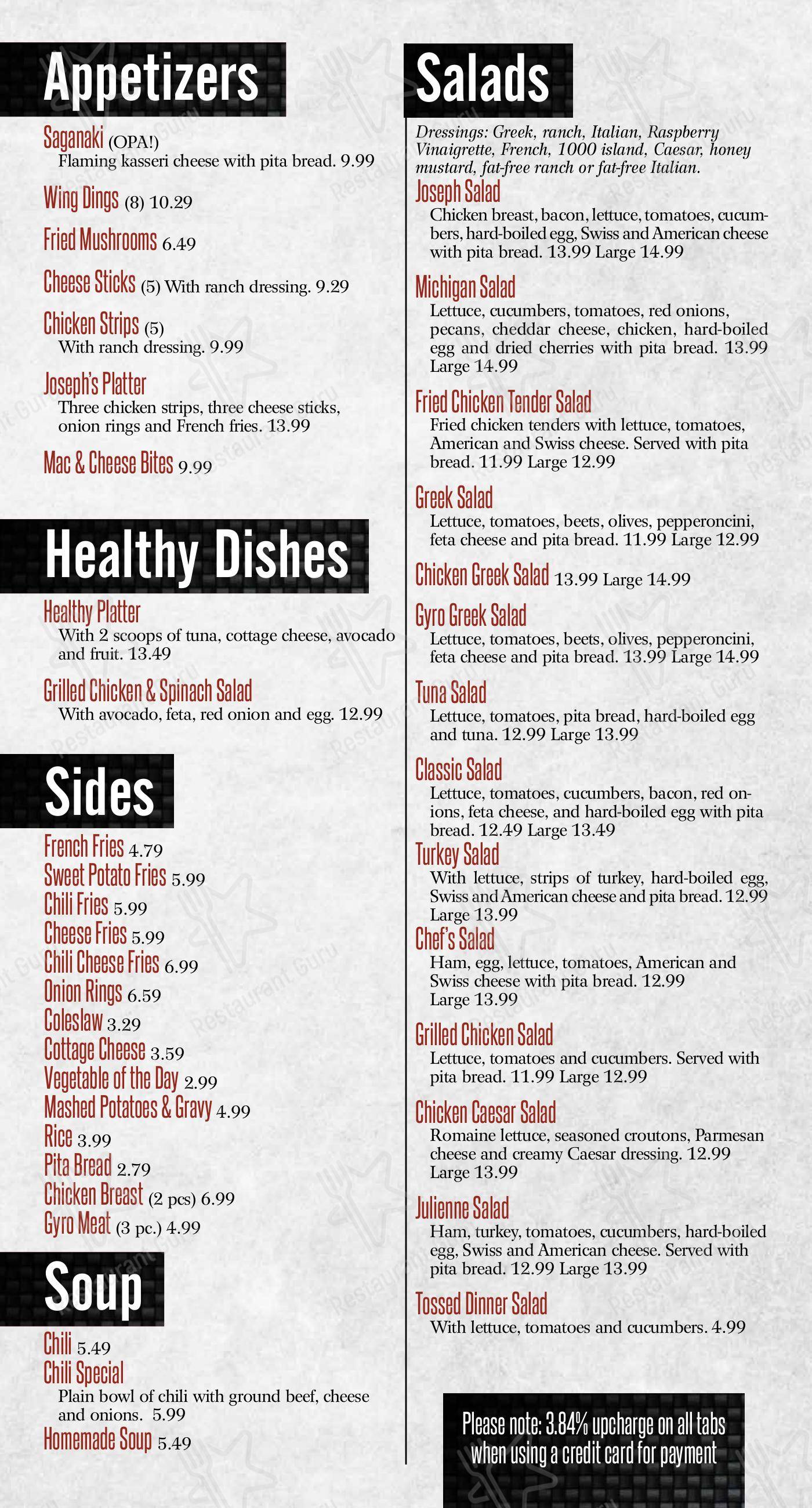 Menu at Joseph's Coney Island restaurant, Northville