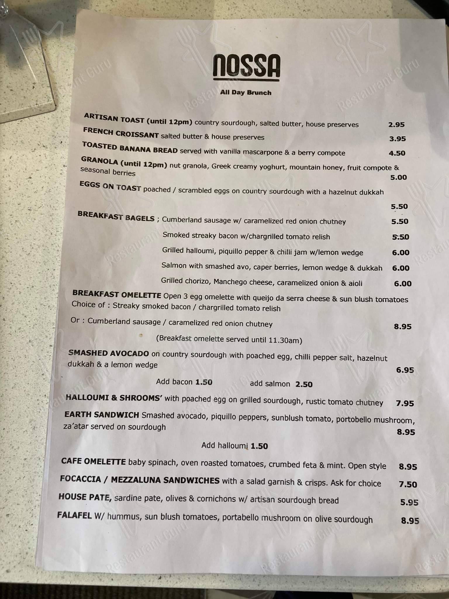 Menu at Nossa cafe, Yarm