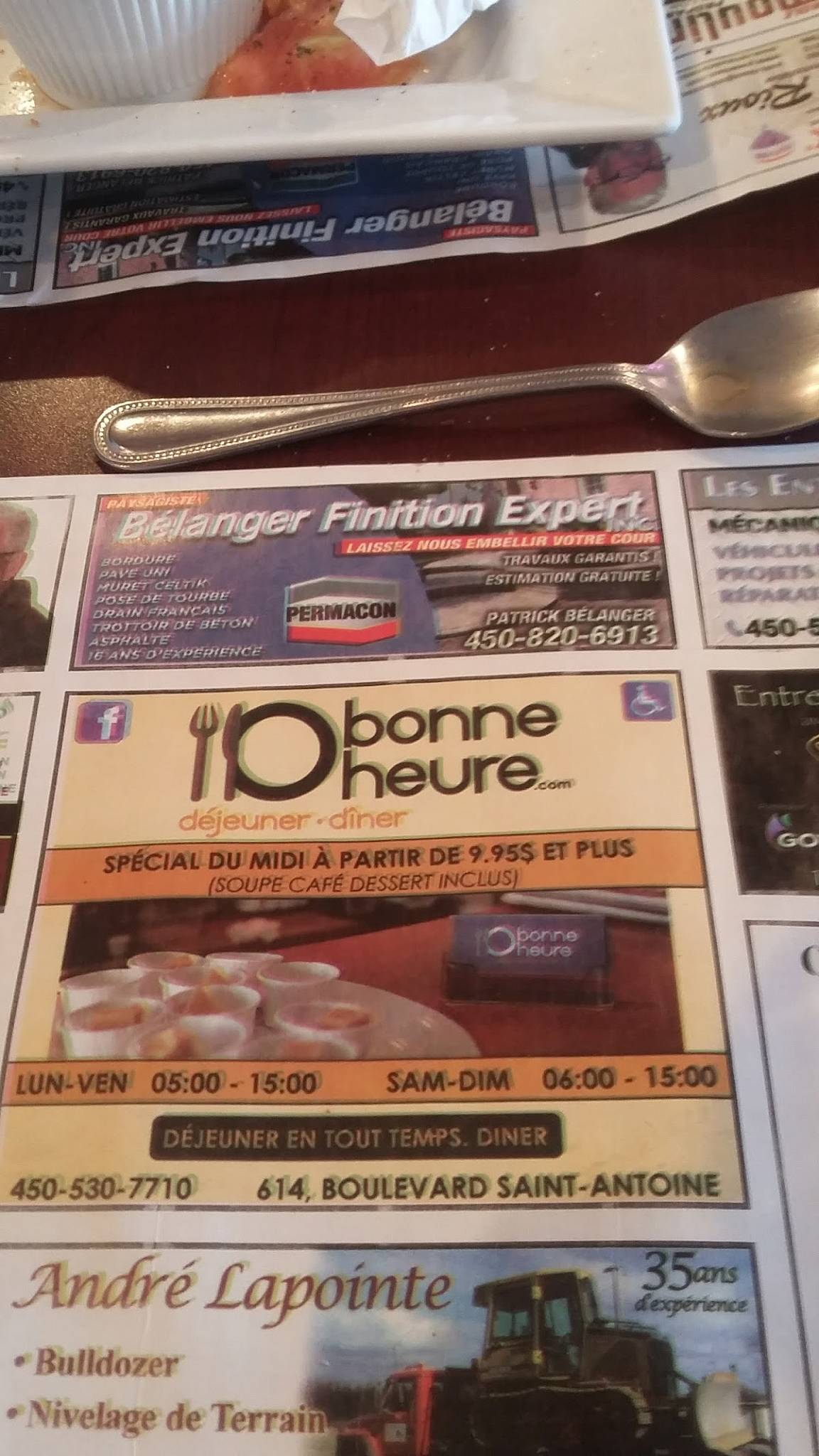 Menu au Restaurant Déjeuner Dîner - O Bonne Heure, Saint-Jérôme