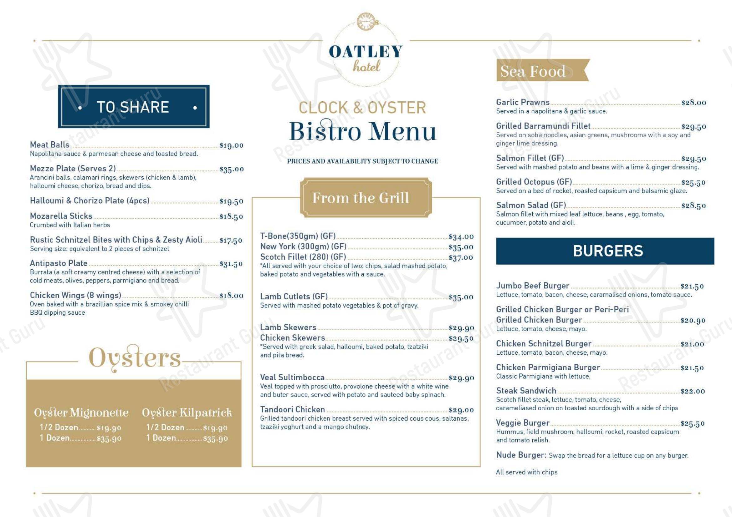 Menu at Oatley Hotel pub & bar, Oatley