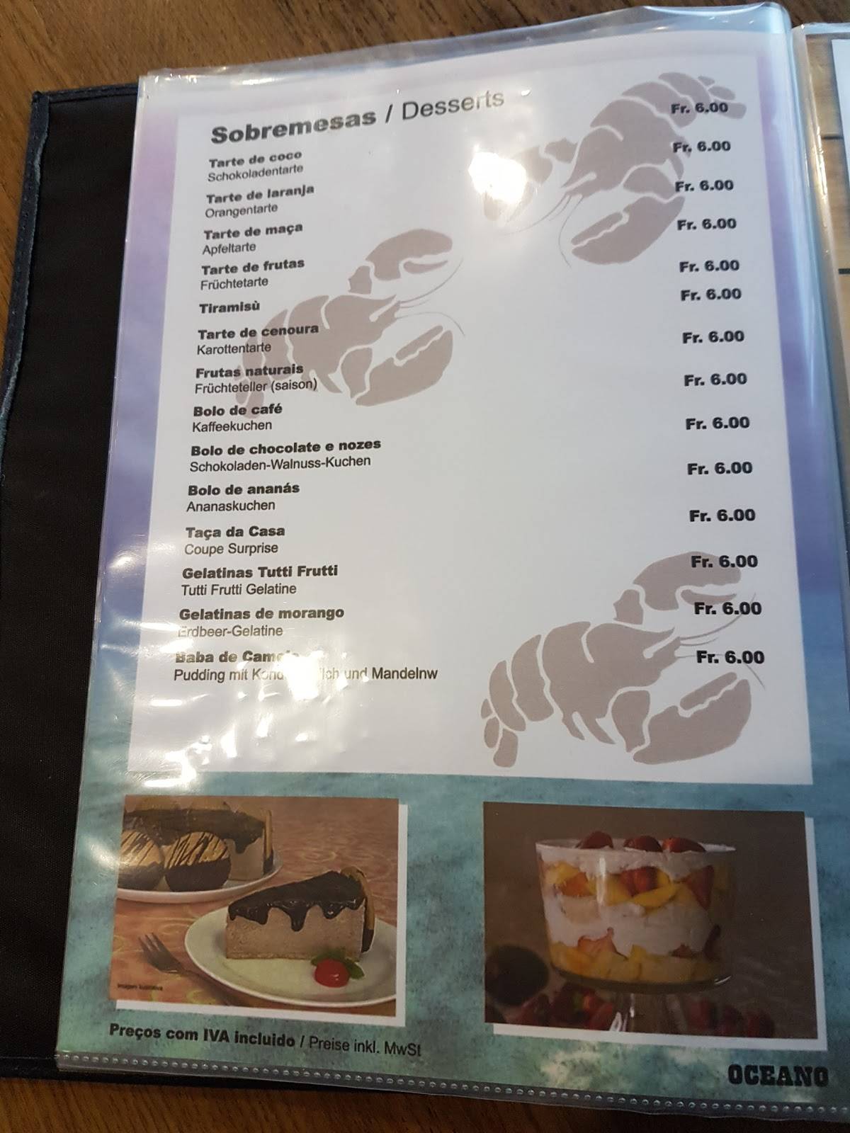 Menu da Oceano Restaurant, Schlieren