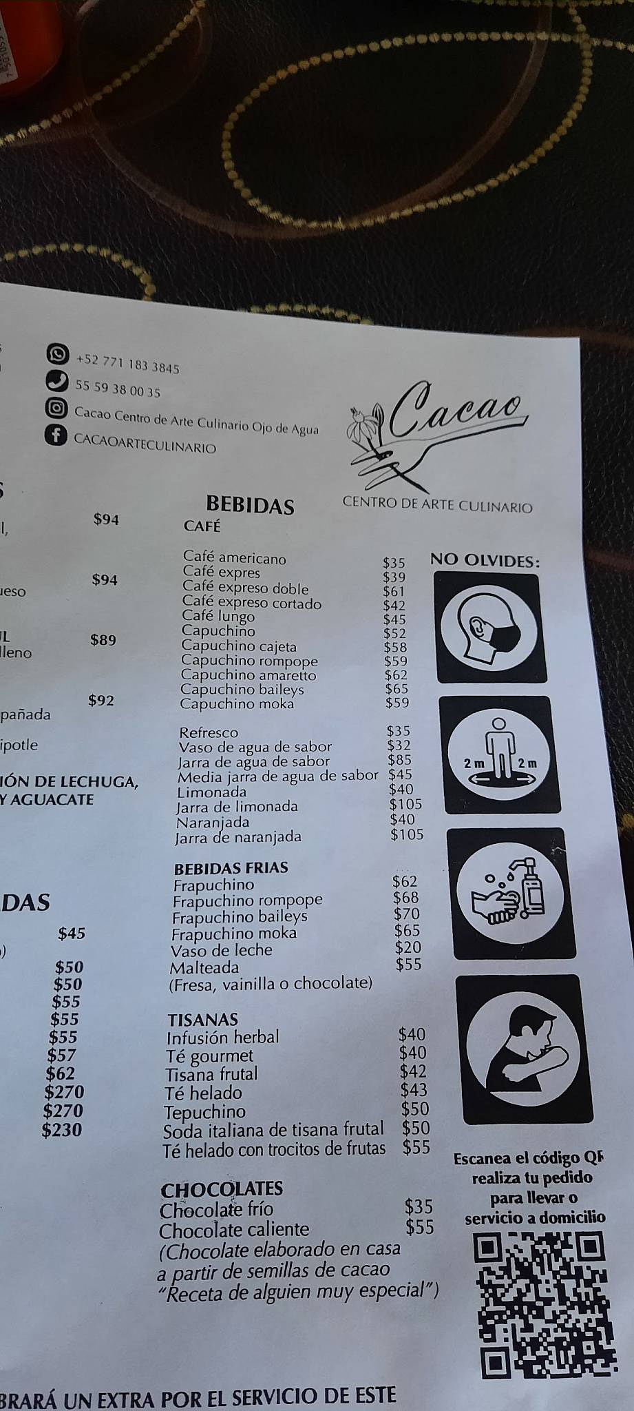 Carta de Cacao Restaurante, Ojo de Agua