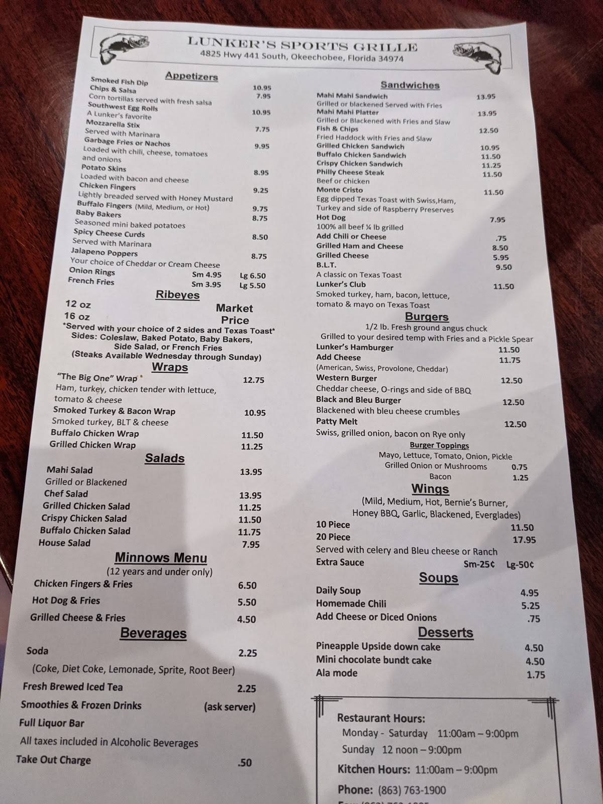 Menu at Lunker's Sports Grill pub & bar, Okeechobee, US-441