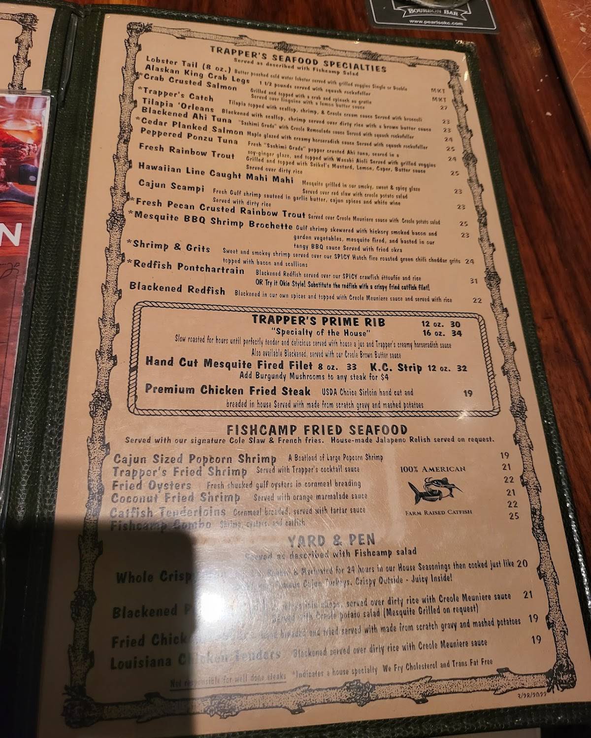 Menu at Trapper's Fishcamp & Grill restaurant, Oklahoma City