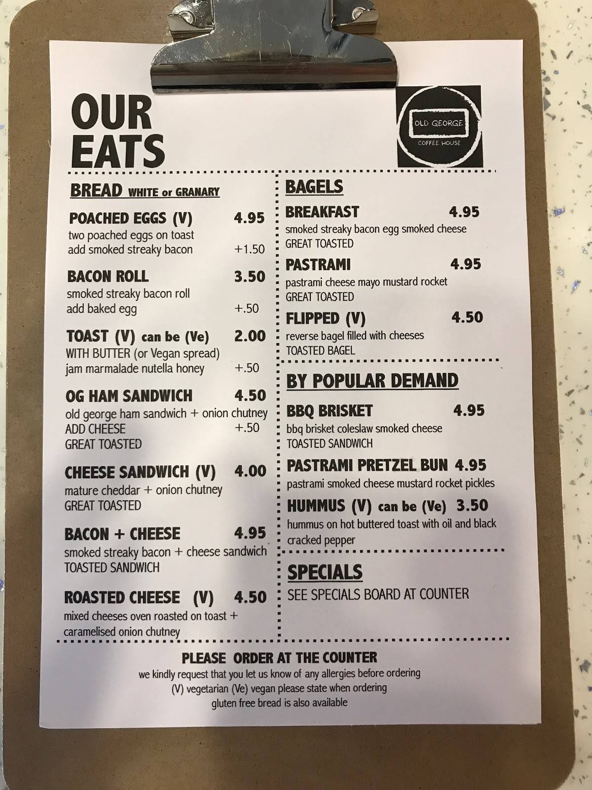 Menu at Old George pub & bar, Barnsley, 14 Market Hill