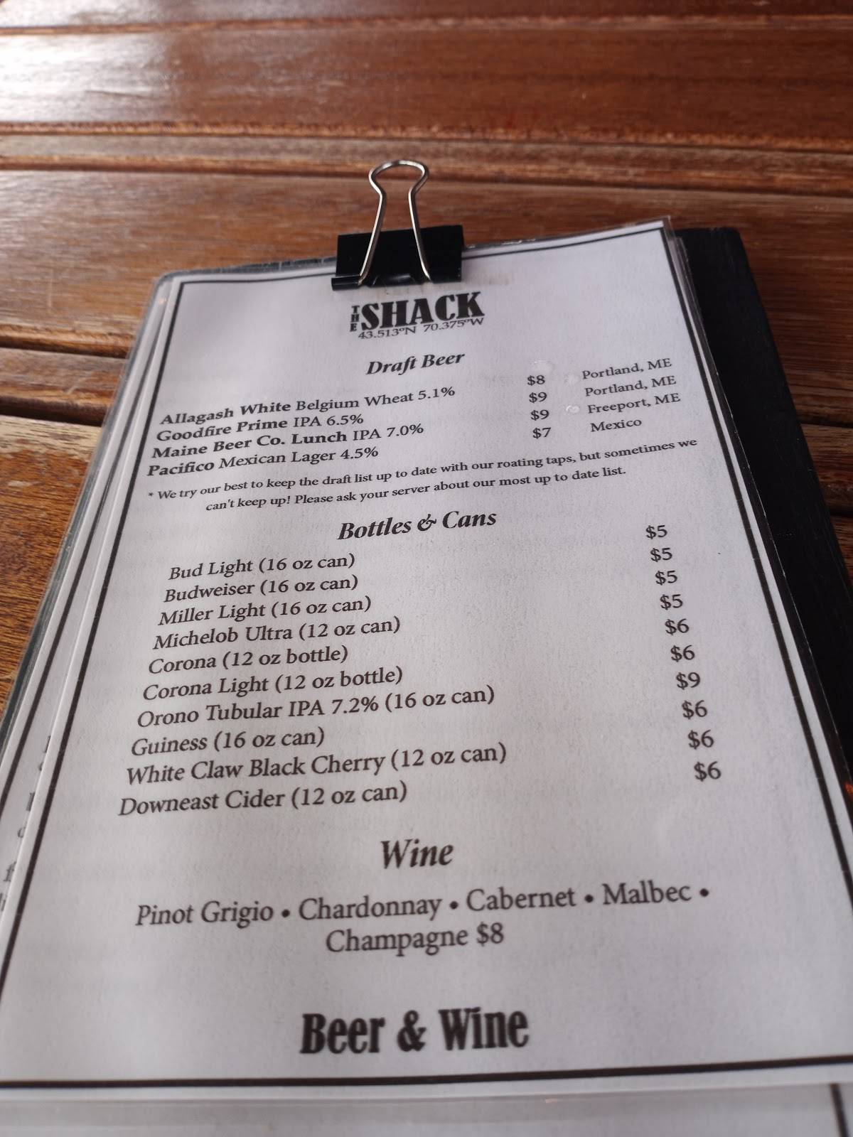 Menu at The Shack restaurant, Old Orchard Beach