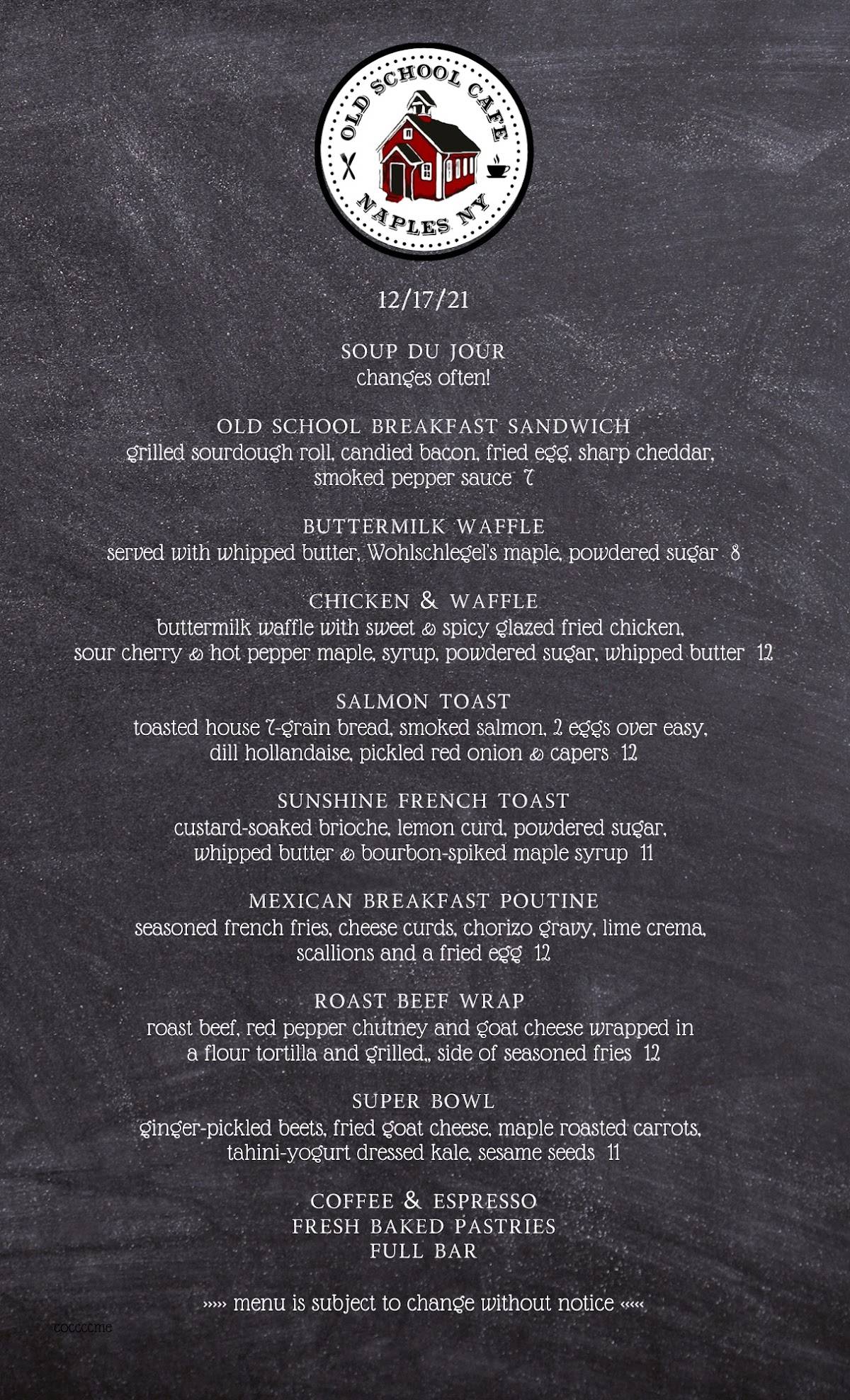 Menu at Old School Cafe, Naples