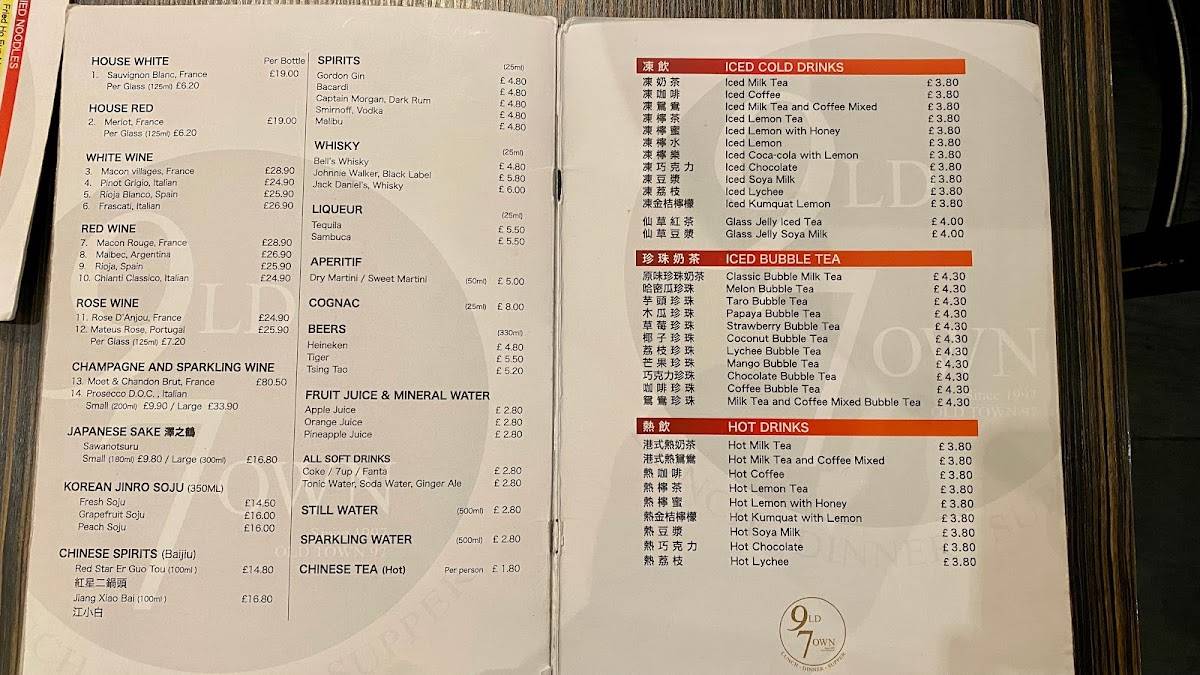 Menu at Old Town 97 restaurant, London