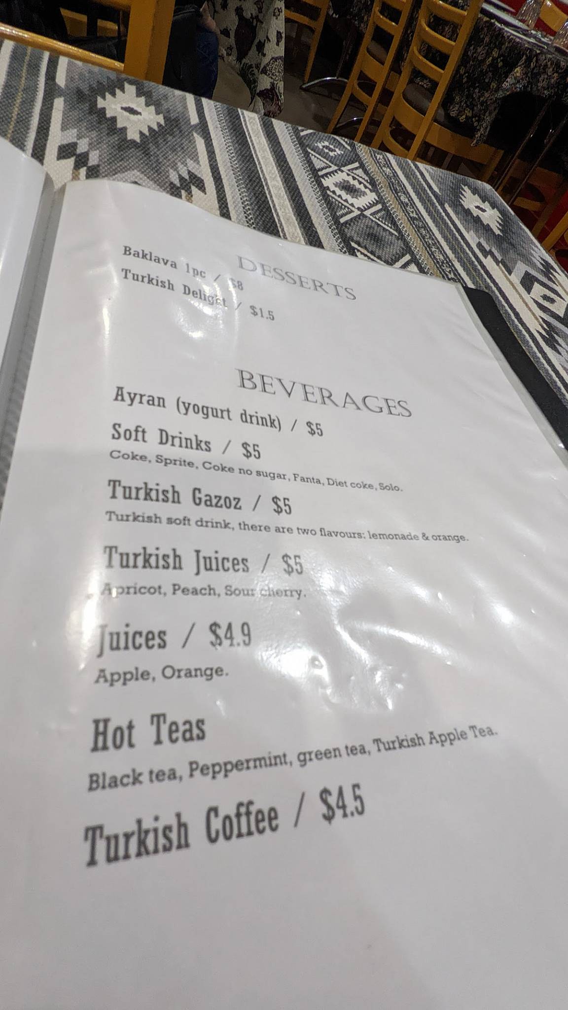 Menu at Origin Turkish Kitchen restaurant, Griffith