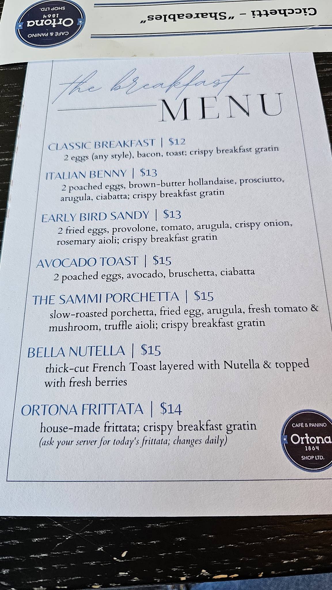 Menu at Ortona 1864 Cafe & Panino, Windsor