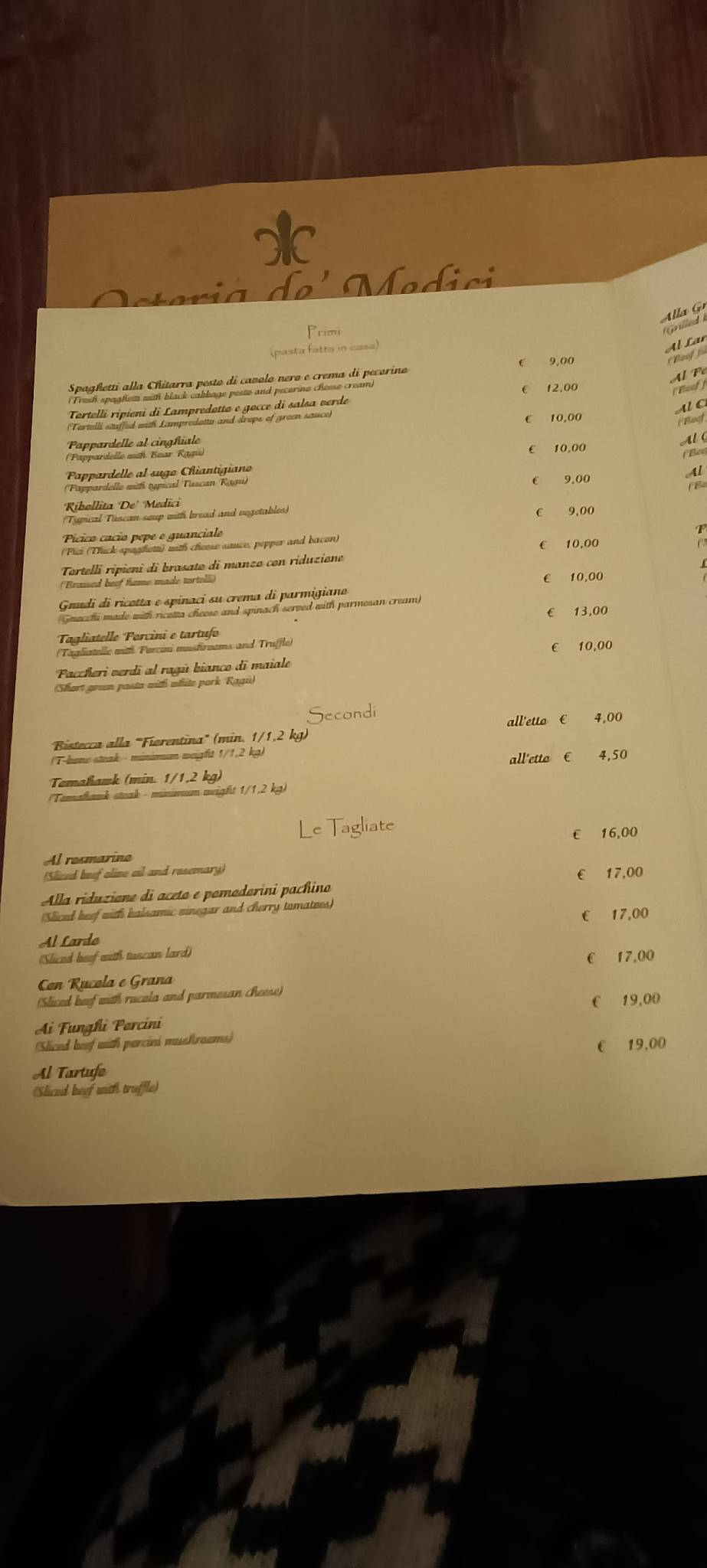 Menu da Osteria De' Medici ristorante con griglia, Figline e Incisa ...