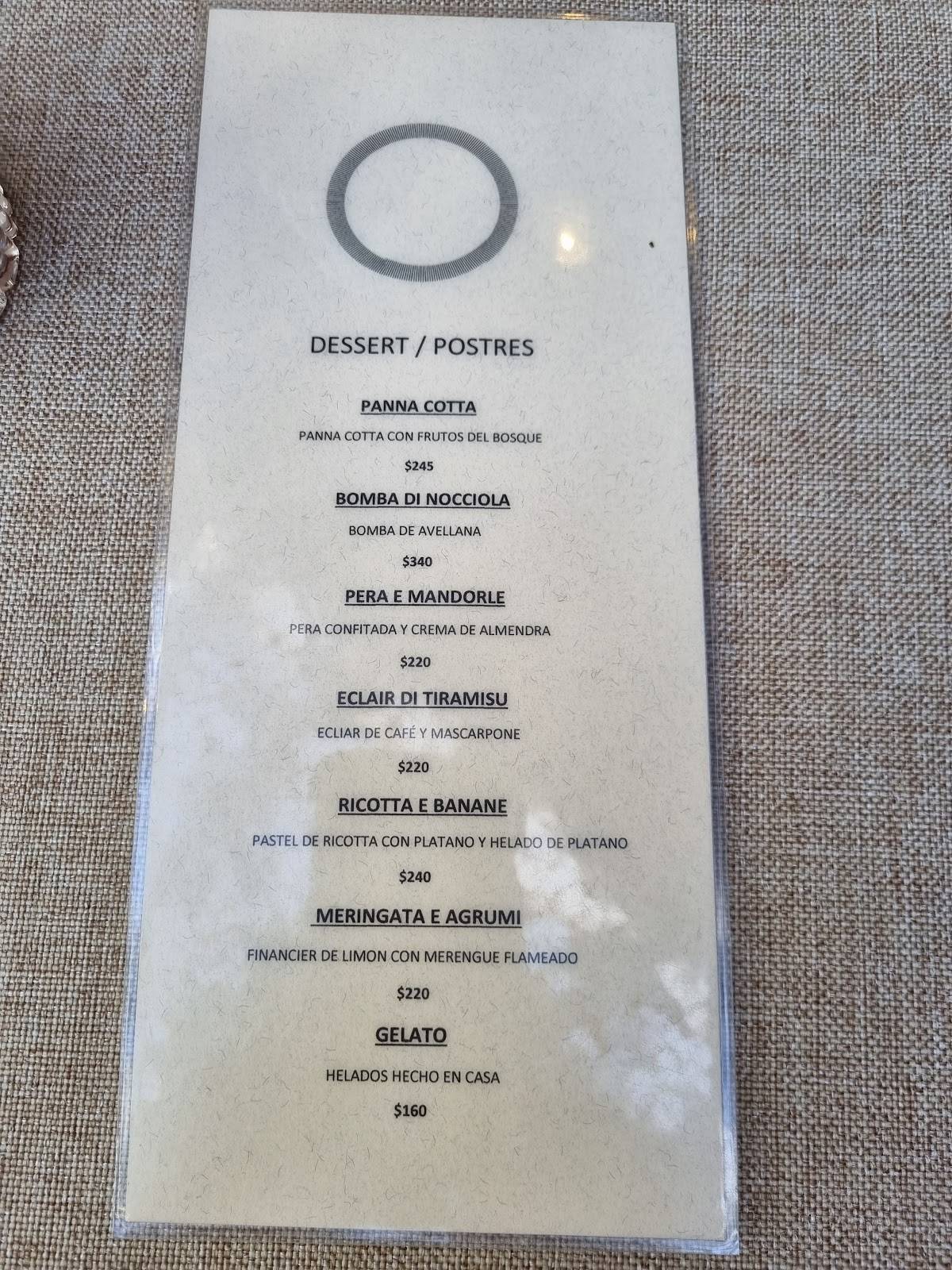 Carta del restaurante Ostería del Becco, Ciudad del México