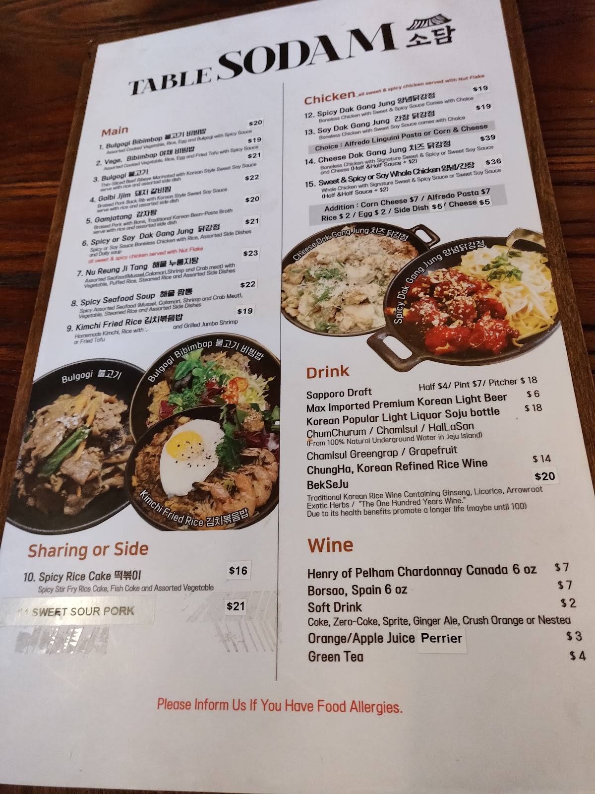 Menu at Table SODAM restaurant, Ottawa