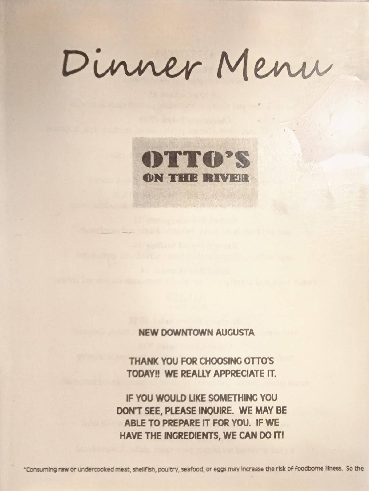 Menu at Otto's on the River restaurant, Augusta