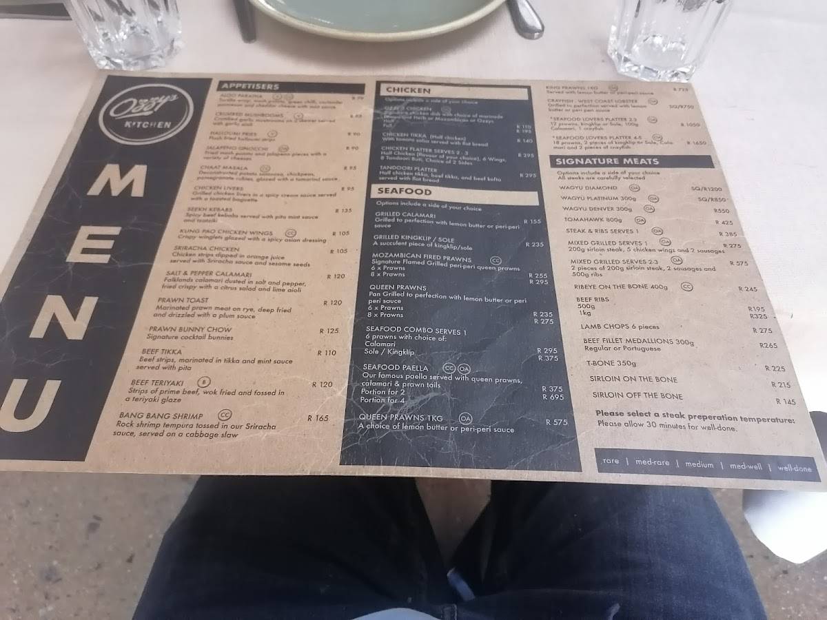 Menu at Ozzy's Kitchen restaurant, Johannesburg