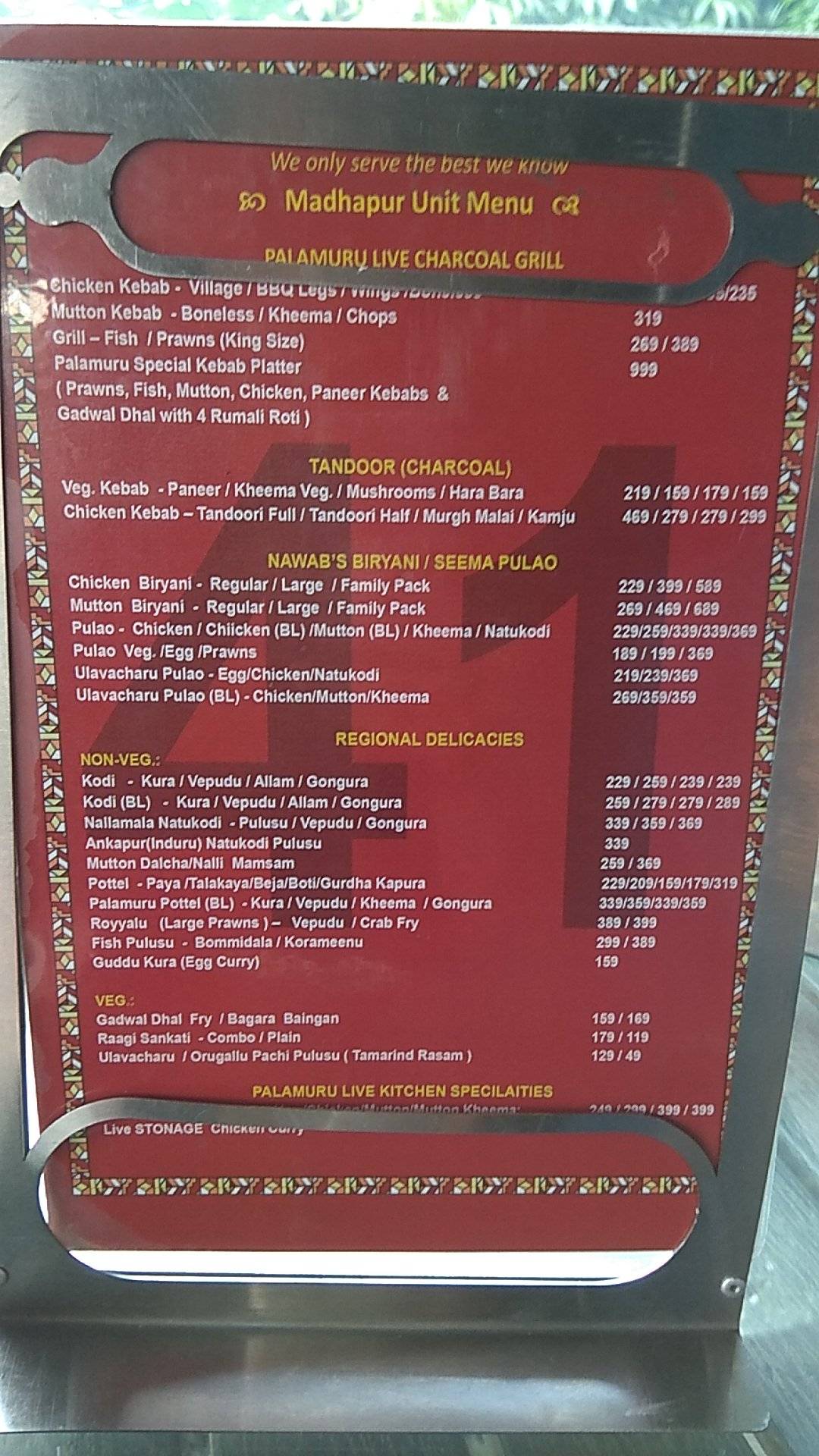Menu at Palamuru Grill, Hyderabad, Opposite Meridian School