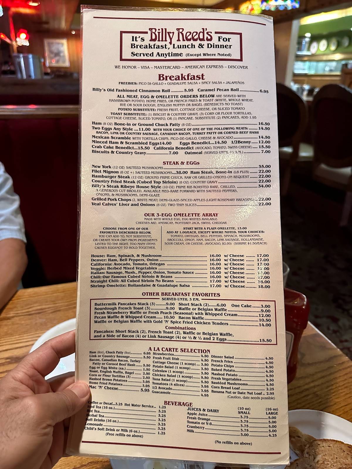 Menu at Billy Reed's Palm Springs restaurant, Palm Springs