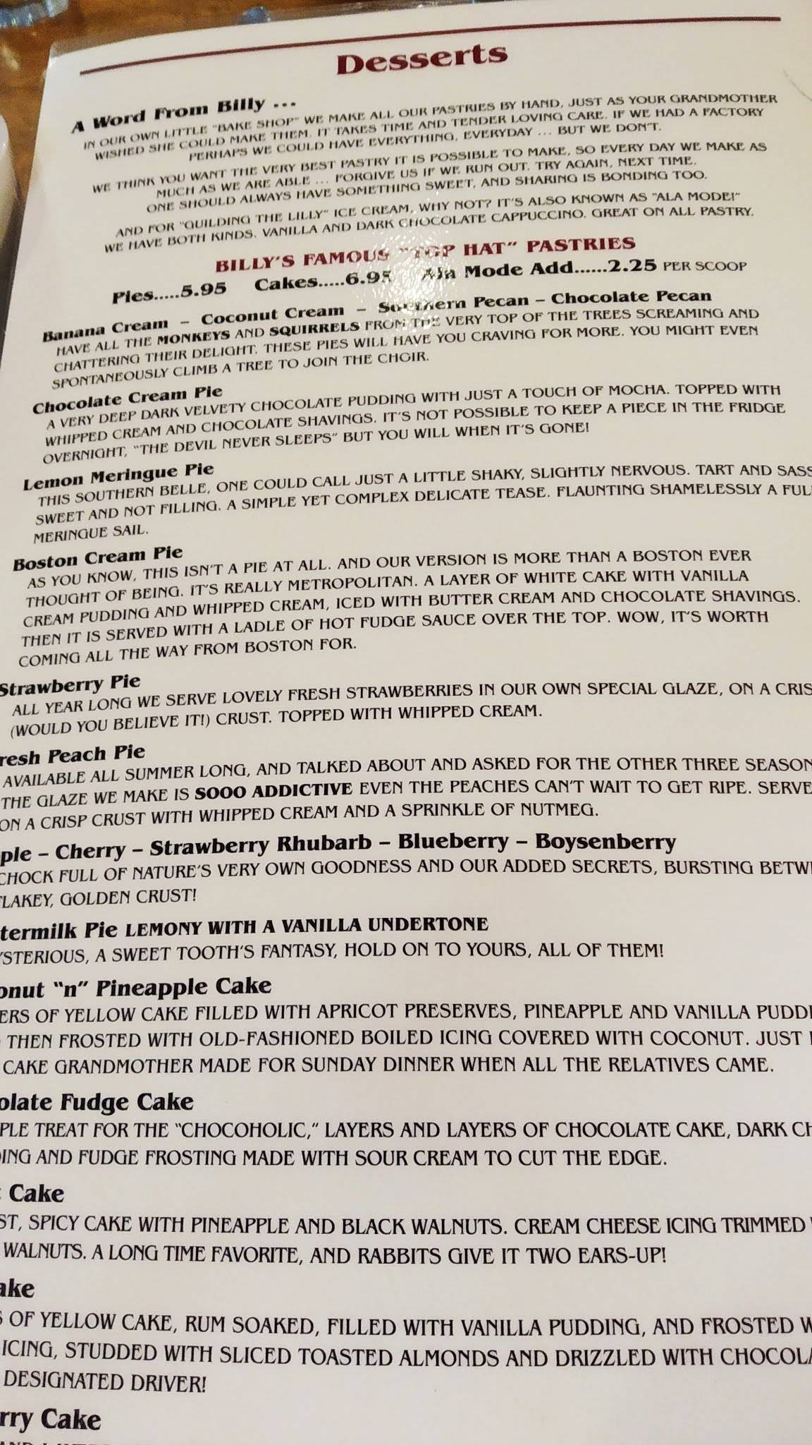 Menu at Billy Reed's Palm Springs restaurant, Palm Springs