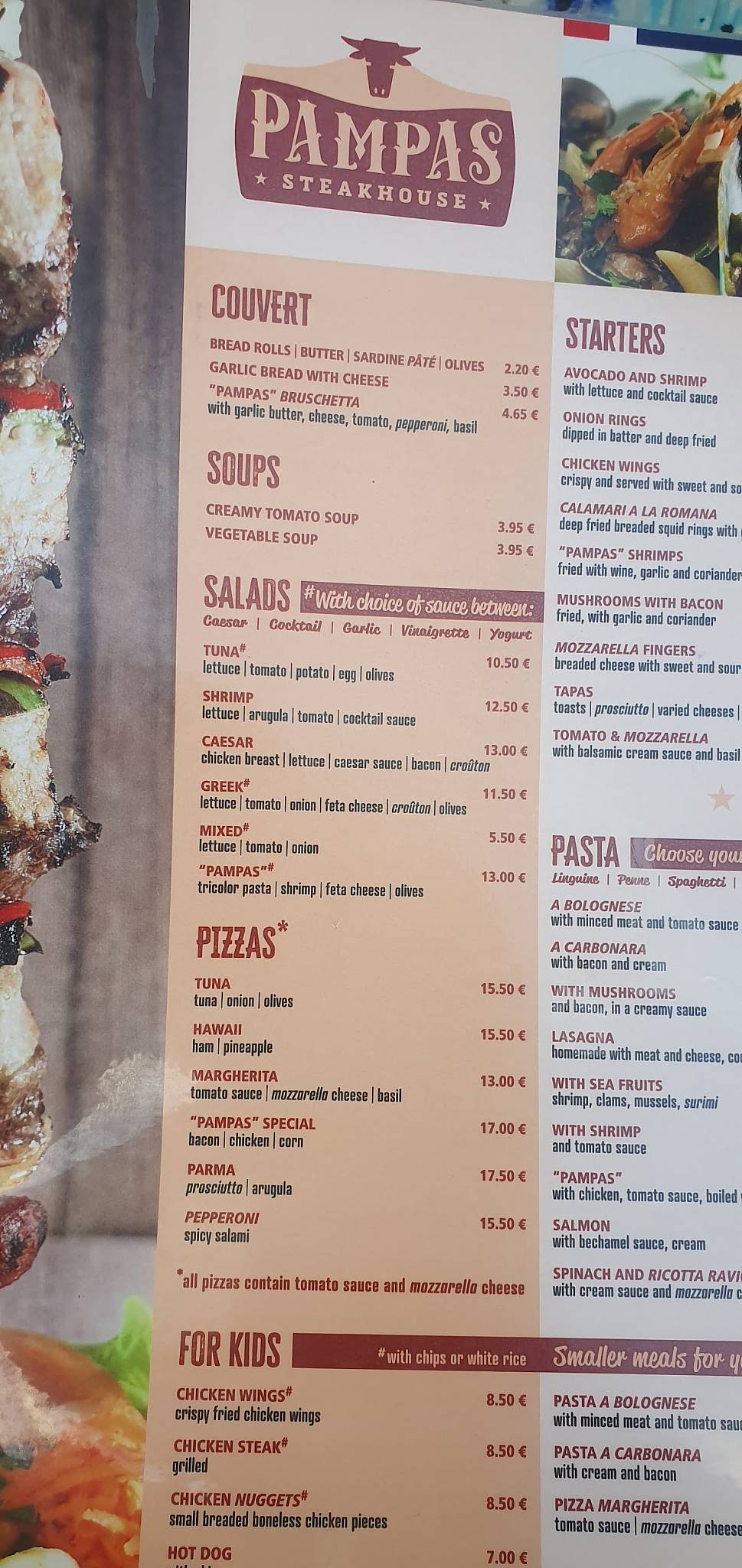Menu at Pampas Steakhouse, Albufeira