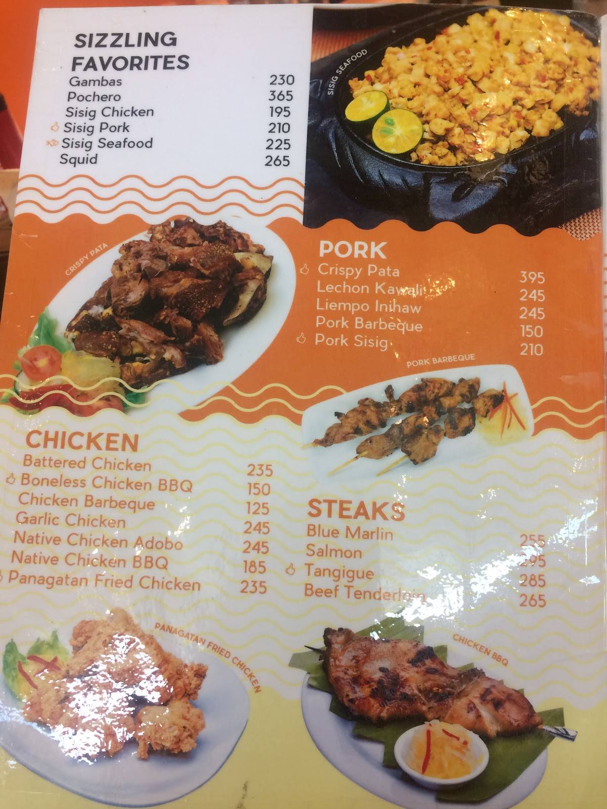 Menu at Panagatan Restaurant, Cagayan de Oro, FJ4F+M5R