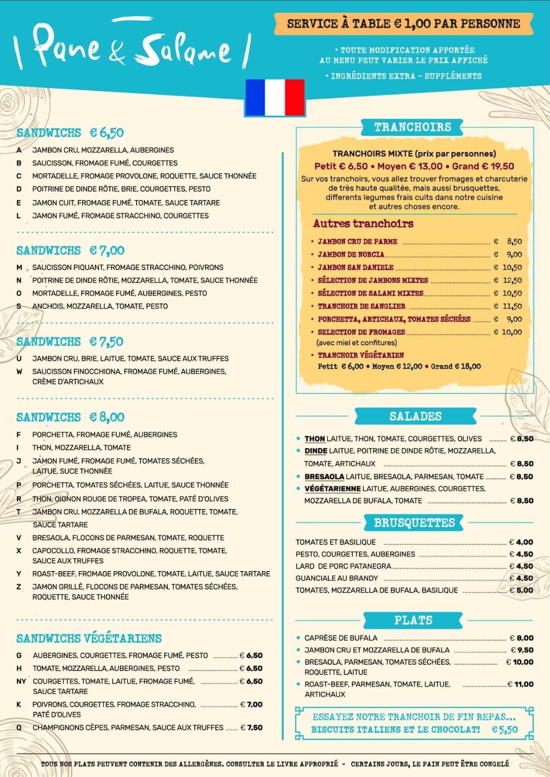 Carta del pub y bar Pane e Salame, Roma, Via Santa Maria in Via