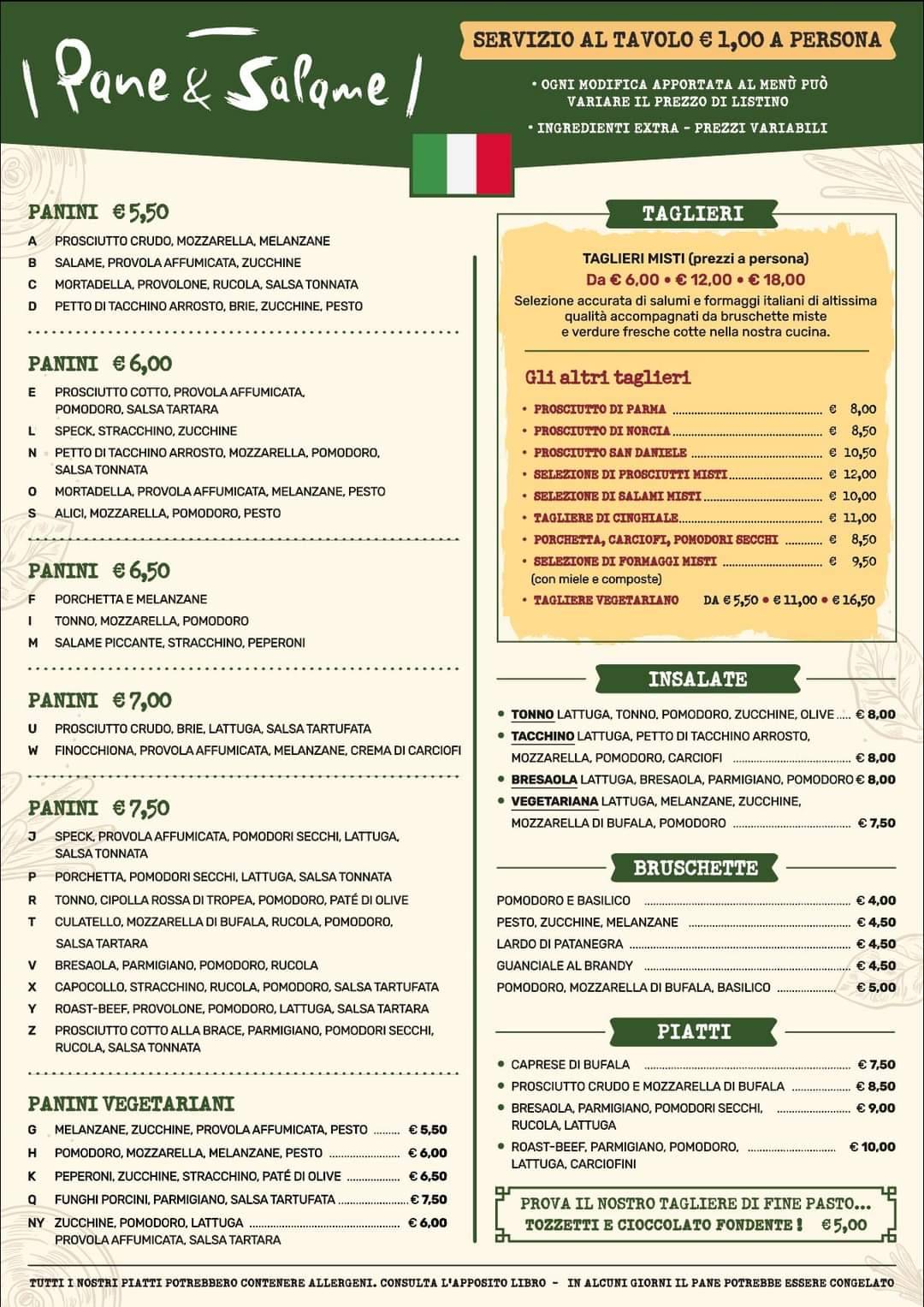 Carta del pub y bar Pane e Salame, Roma, Via Santa Maria in Via