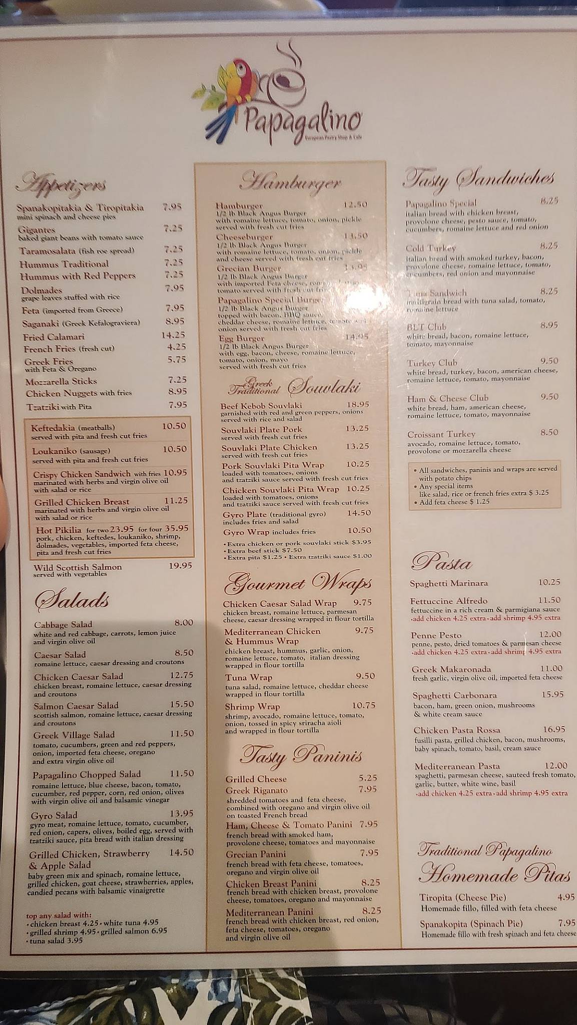 Menu at Papagalino's Cafe, Niles