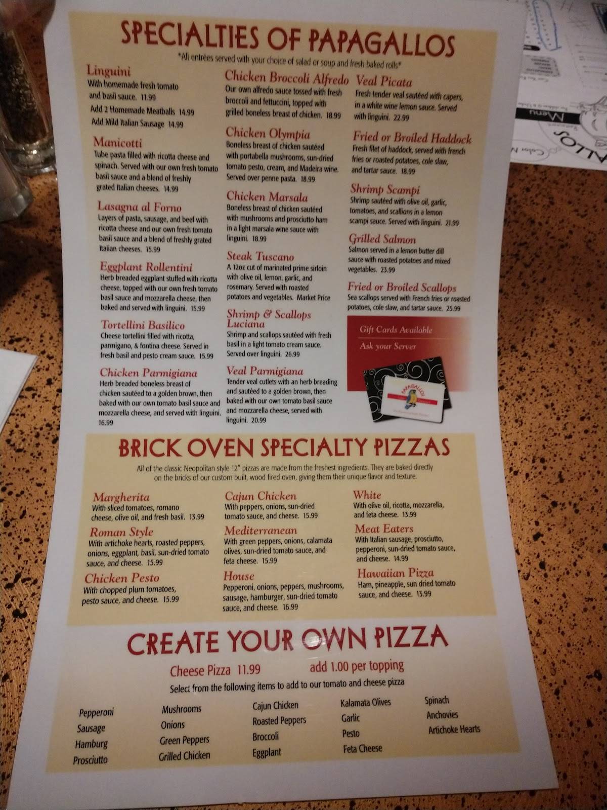 Menu at Papagallos Restaurant, Keene