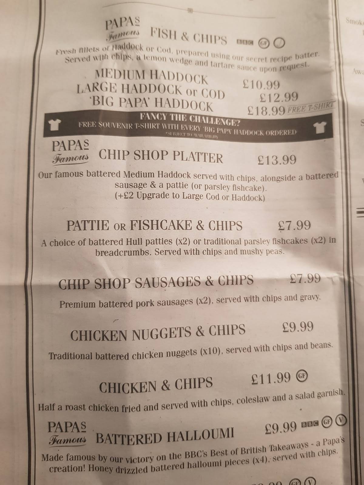 Menu at Papa's Fish & Chips pizzeria, Blackpool