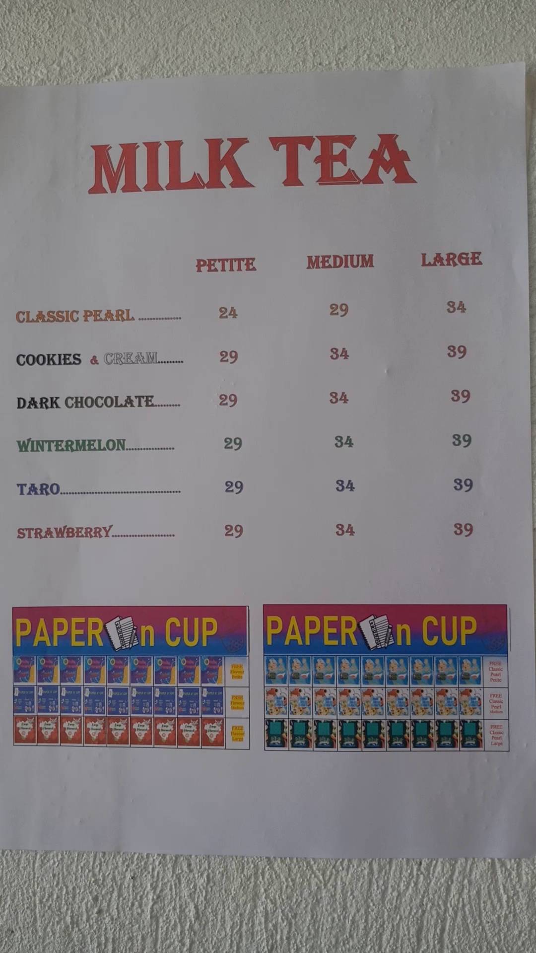 Carta de Paper N Cup (Milk Tea & Lite Bites Cafe), Rizal de Nueva Écija