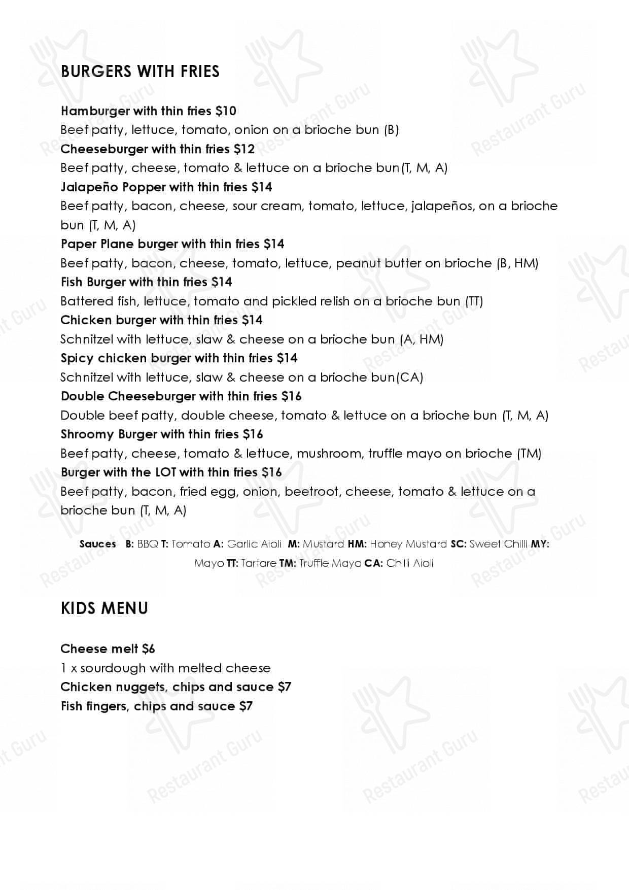 Menu at Paper Plane Factory Cafe, Girraween
