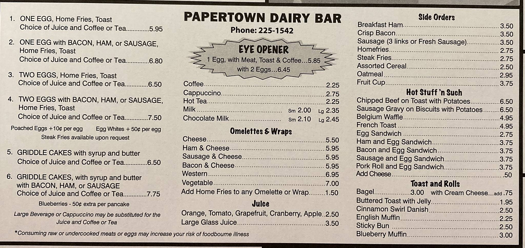 Menu at Papertown Dairy Bar & Restaurant, Spring Grove