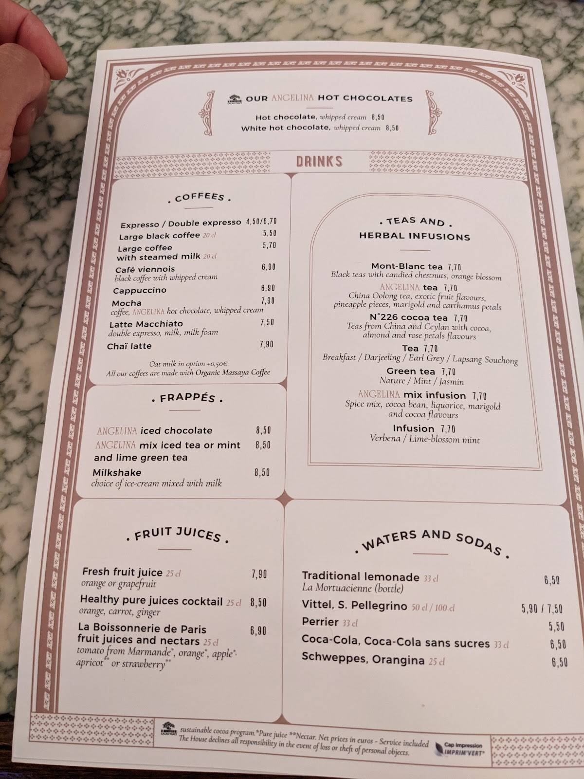 Menu au Angelina Paris restaurant, Paris, 226 Rue de Rivoli