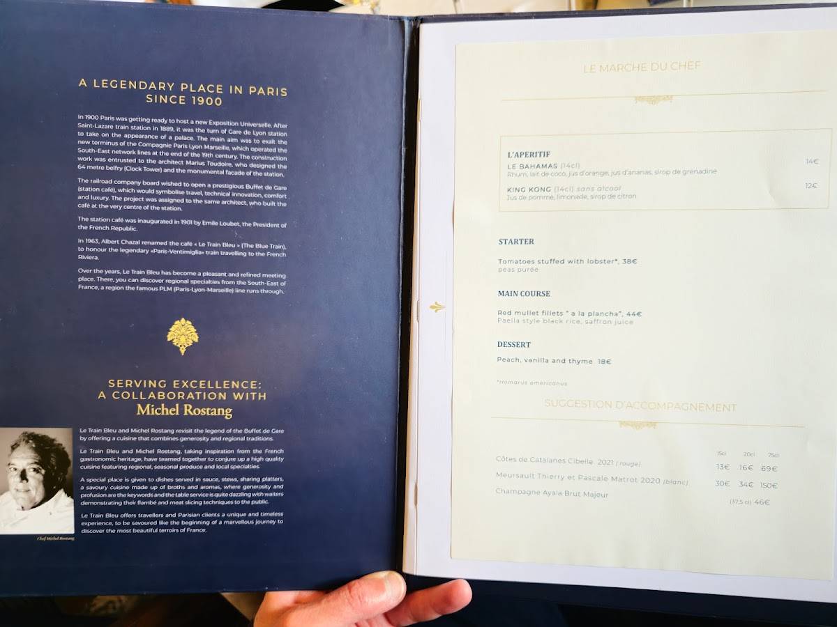 Menu at Le Train Bleu restaurant, Paris, Gare de Lyon