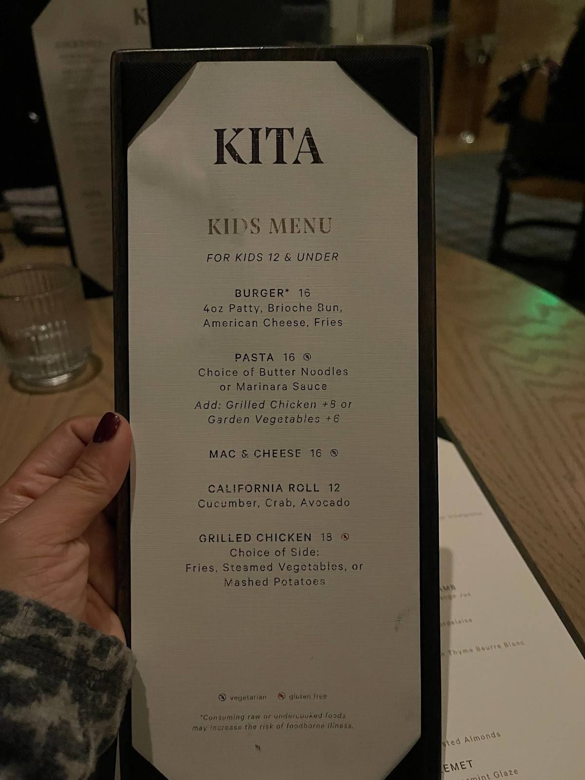 Menu at KITA restaurant, Park City