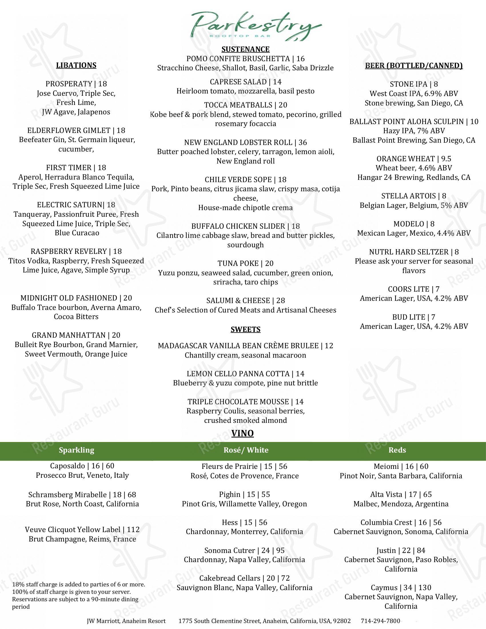 Menu at Parkestry Rooftop Bar & Lounge, Anaheim