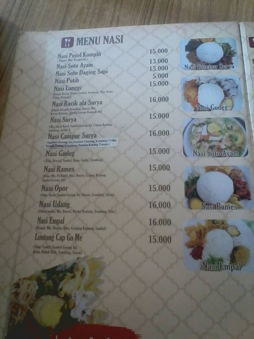 Menu at Resto Surya restaurant, Pati
