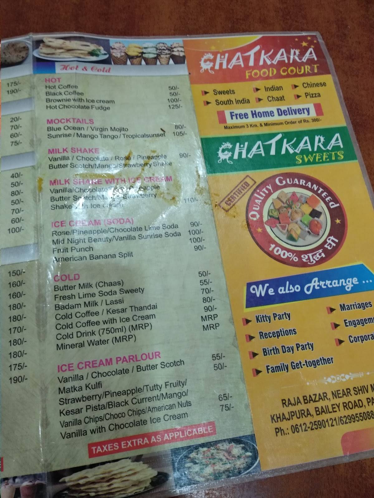 Menu at Chatkara Food Court, Patna, Bailey Rd