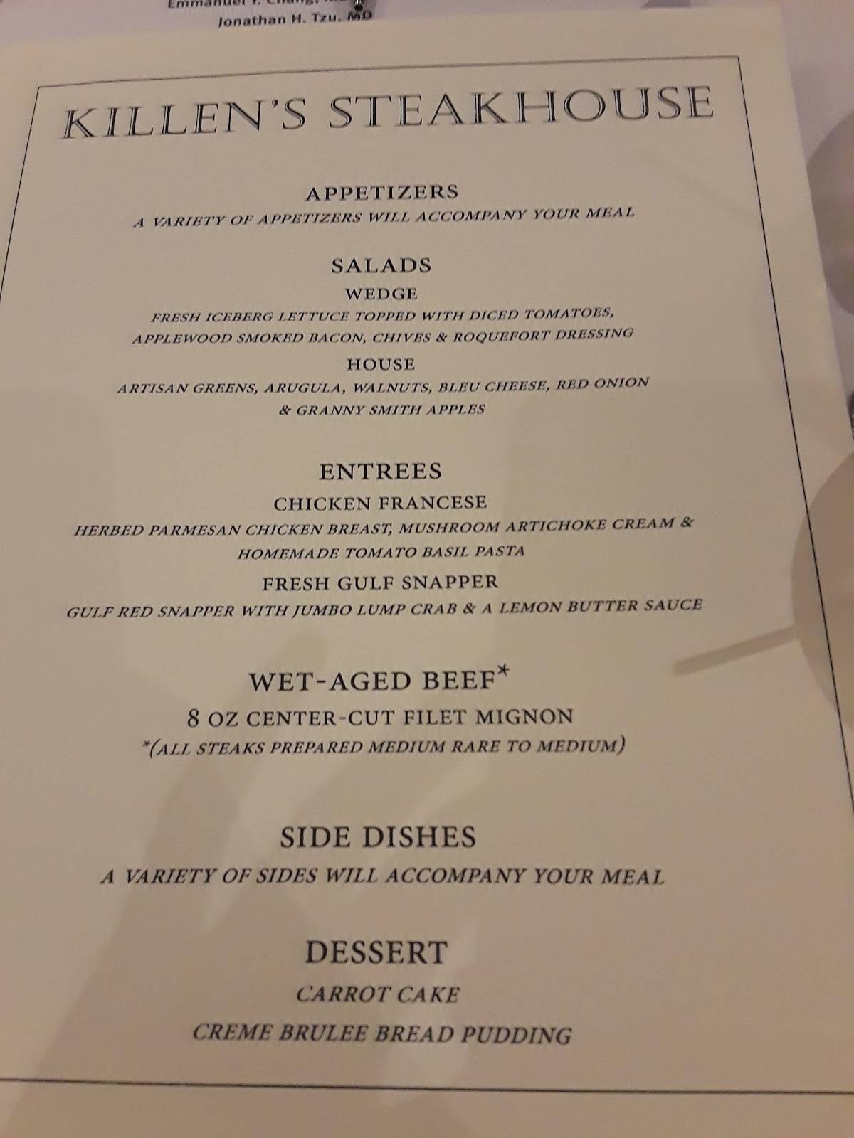 Menu at Killen's Steakhouse, Pearland, Broadway St