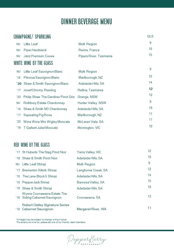 Menu at PepperBerry Restaurant, Darwin City