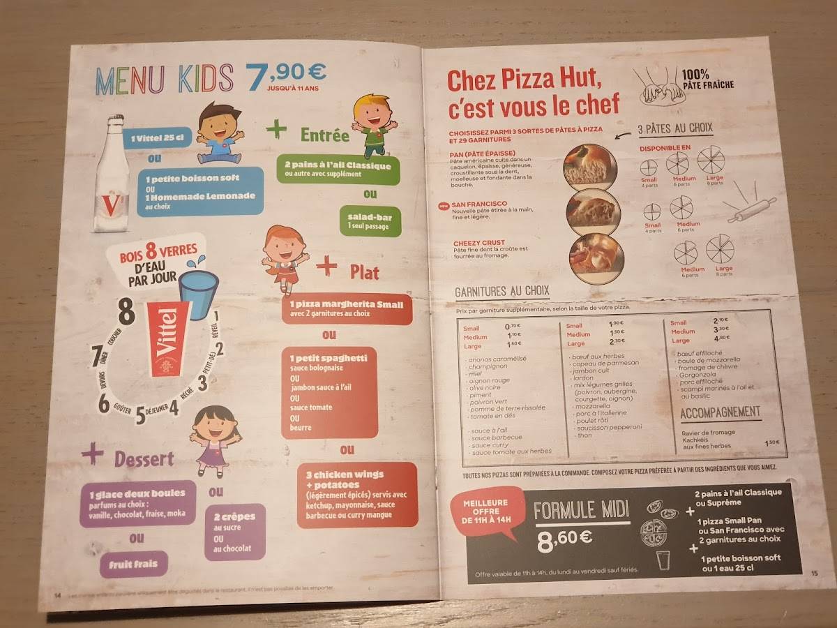 Menu au Pizza Hut Rodange, Pétange