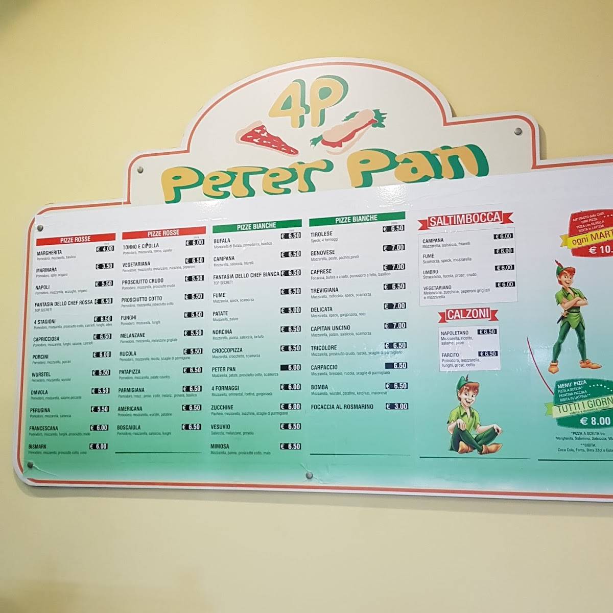 Menu da Peter Pan ristorante, Assisi