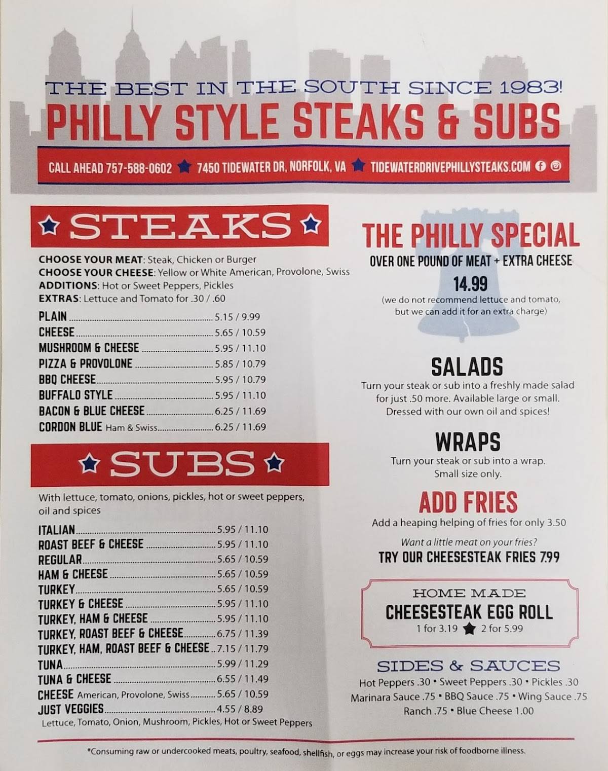 Menu at Philly Style Steaks & Subs restaurant, Norfolk, A Tidewater Dr