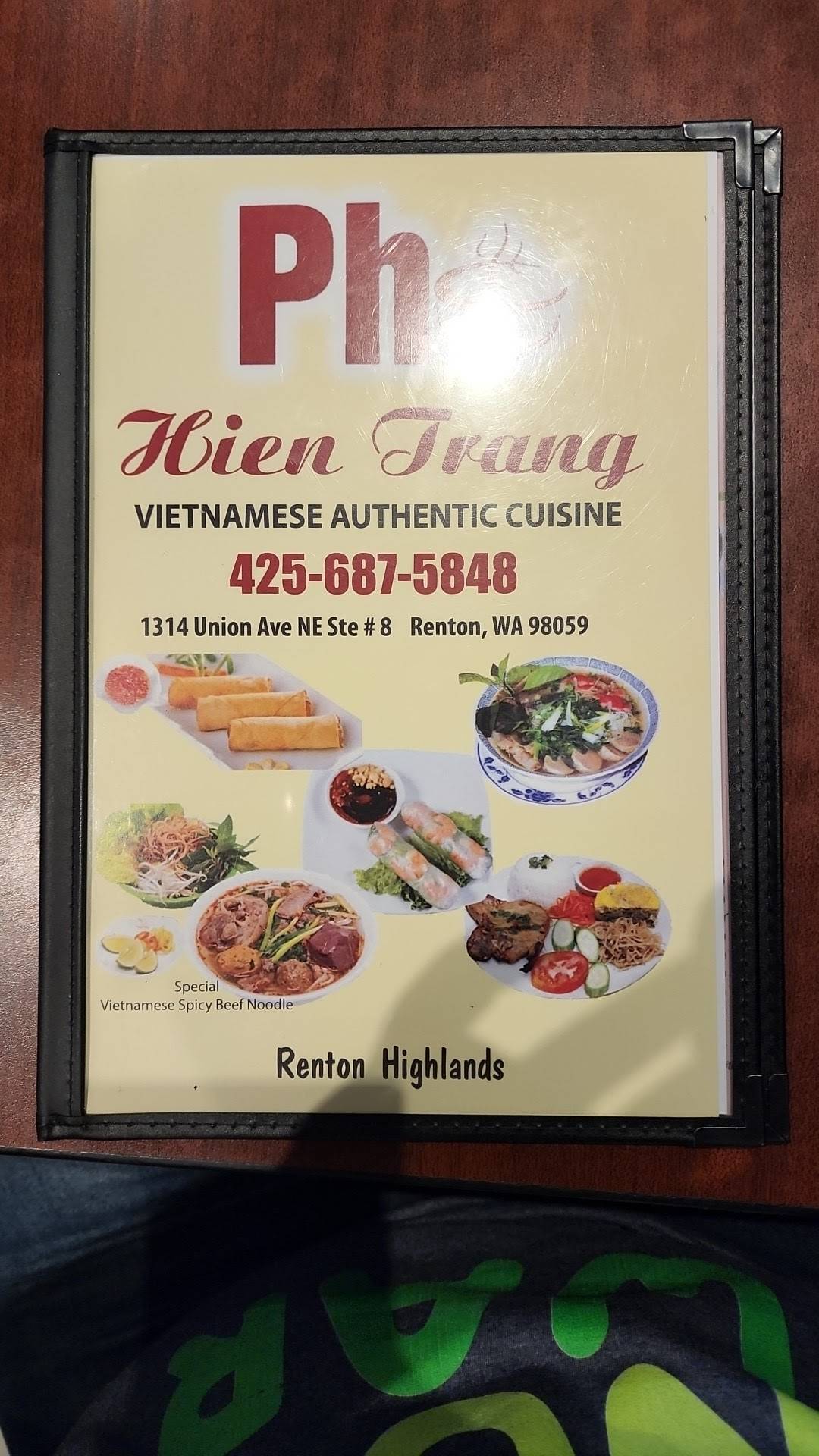 Menu at Pho Hien Trang restaurant, Renton
