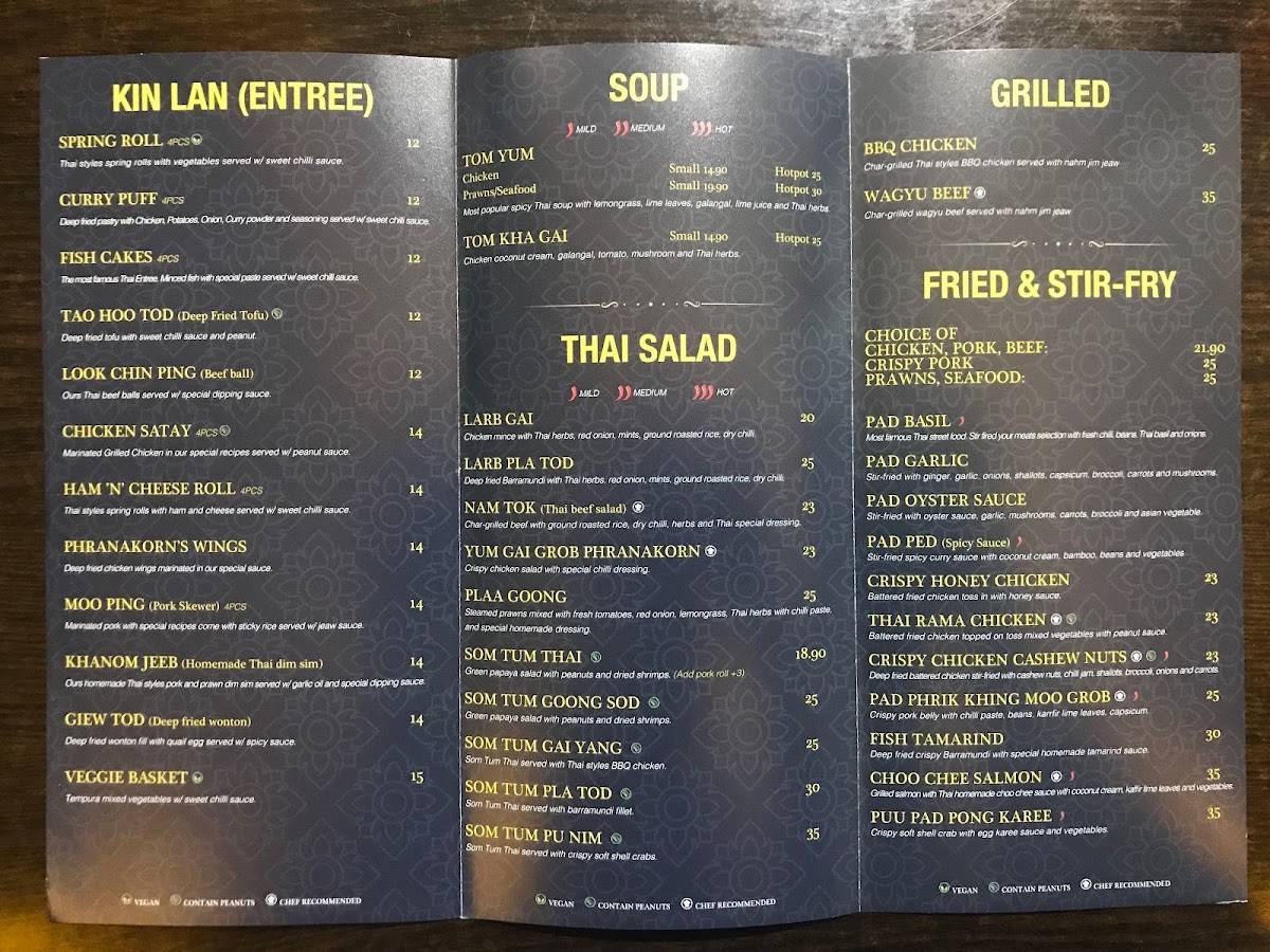 Menu at Phranakorn Thai Cafe and Restaurant, Townsville City
