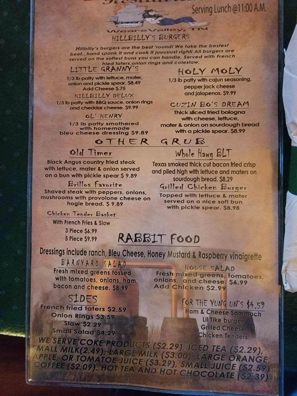Menu at Hillbilly's Restaurant, Pigeon Forge, Wears Valley Rd